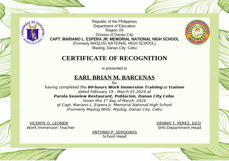 Certificate of Recognition for Work Immersion | PDF