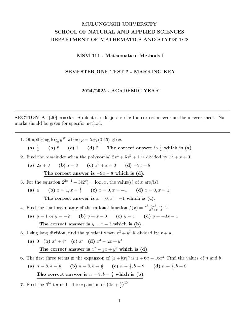 MSM 111 - 2024 Test 2 Marking Key-1 | PDF | Asymptote | Mathematics
