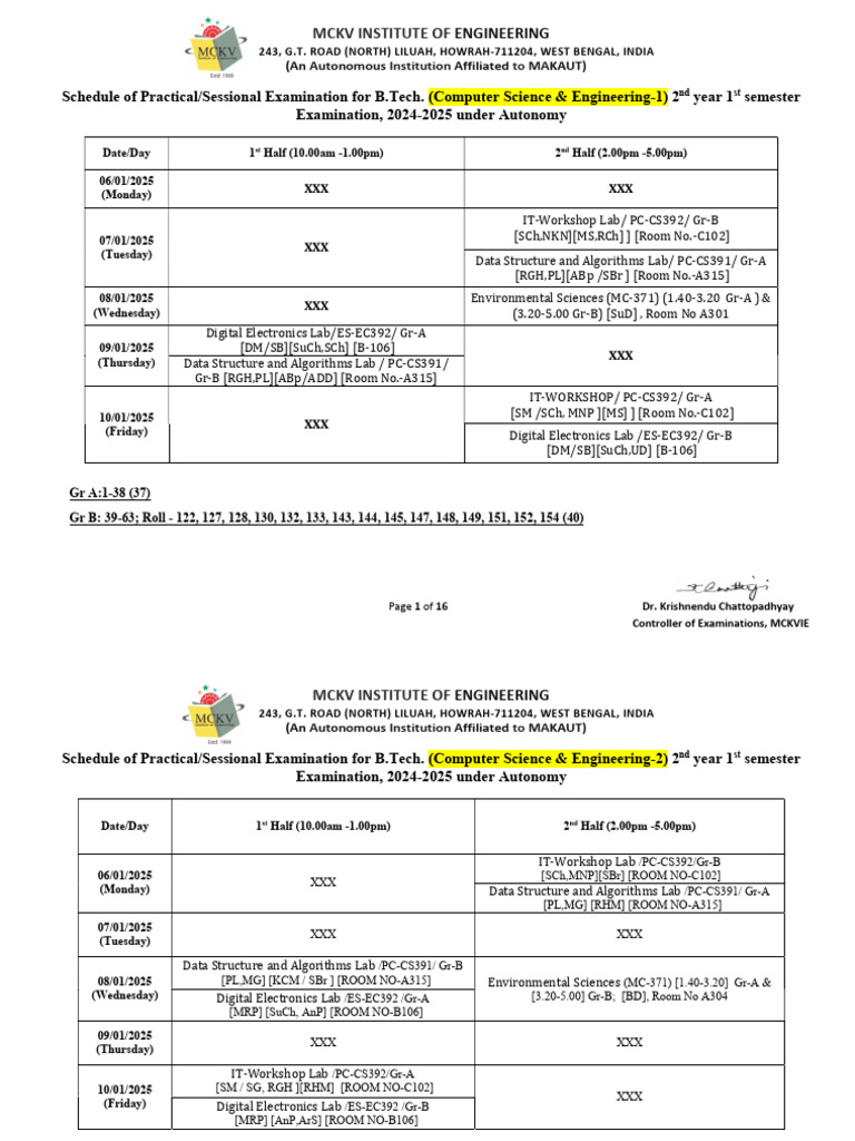 1st and 3rd Semester Practical and Sessional Exam Schedule, 2024-2025 (TC) | PDF | Computer ...