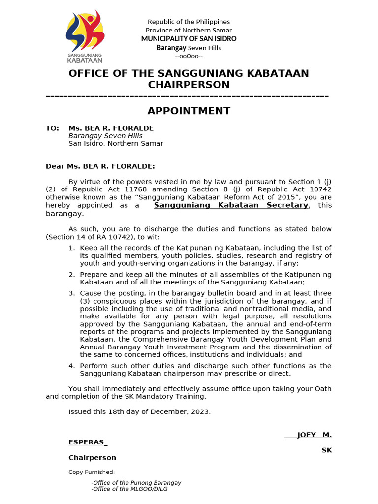 SK Secretary Appointment in San Isidro | PDF | Justice | Crime & Violence