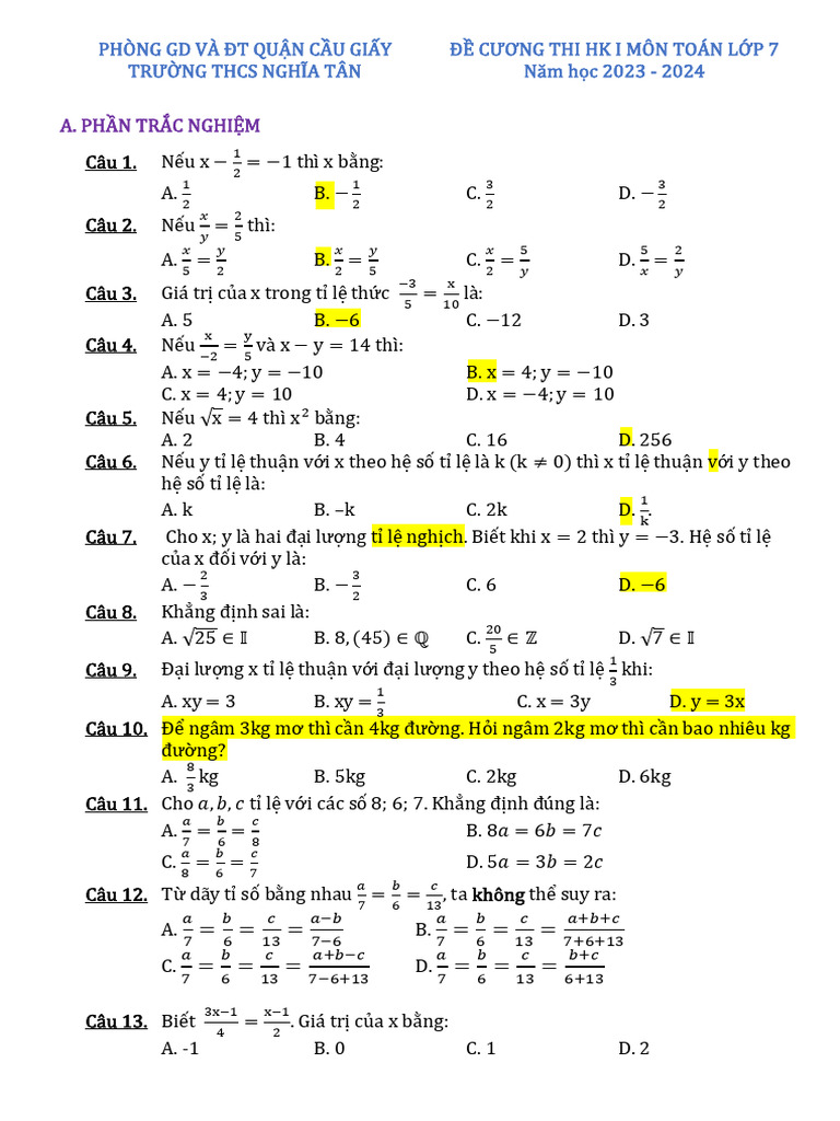 De Cuong Cuoi Hoc Ki 1 Toan 7 Nam 2023 2024 Truong Thcs Nghia Tan Ha Noi | PDF