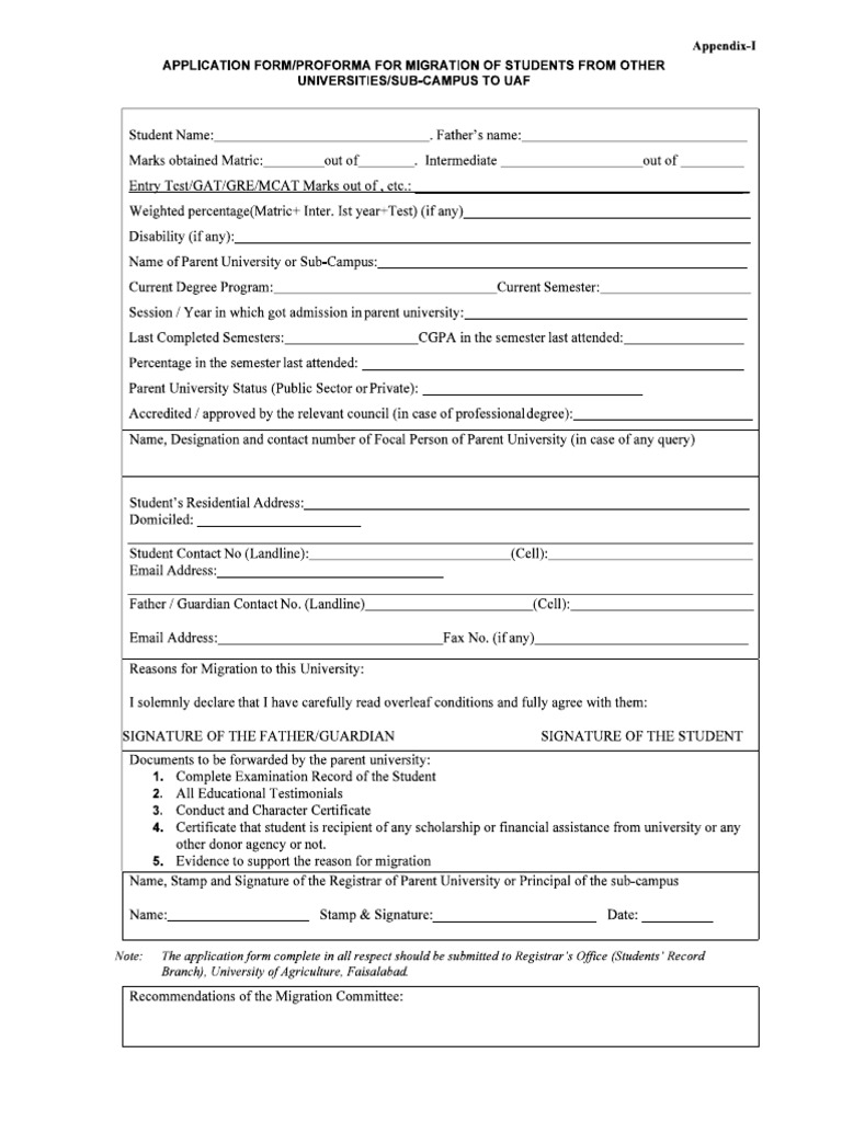 Migration Form For Undergraduate Students | PDF