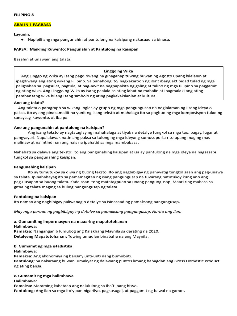 REVIEWER - FIL 8_ ARALIN 1 | PDF