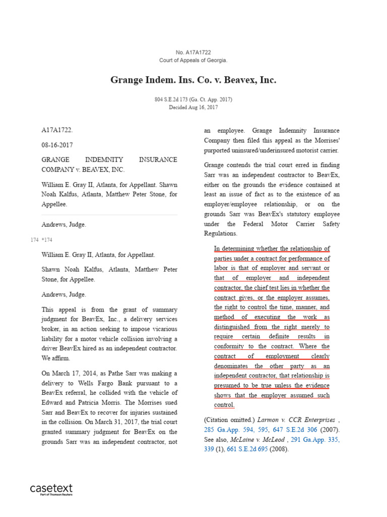 Grange Indem. Ins. Co. v. Beavex, Inc | PDF | Employment | Insurance
