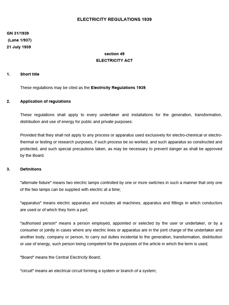 Electricity Regulations 1939 Overview | PDF | Insulator (Electricity ...