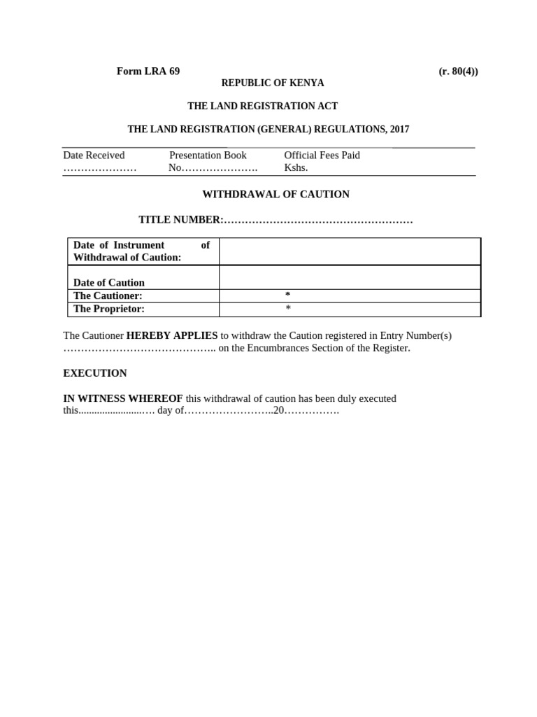Withdrawal of Caution Form LRA 69 | PDF