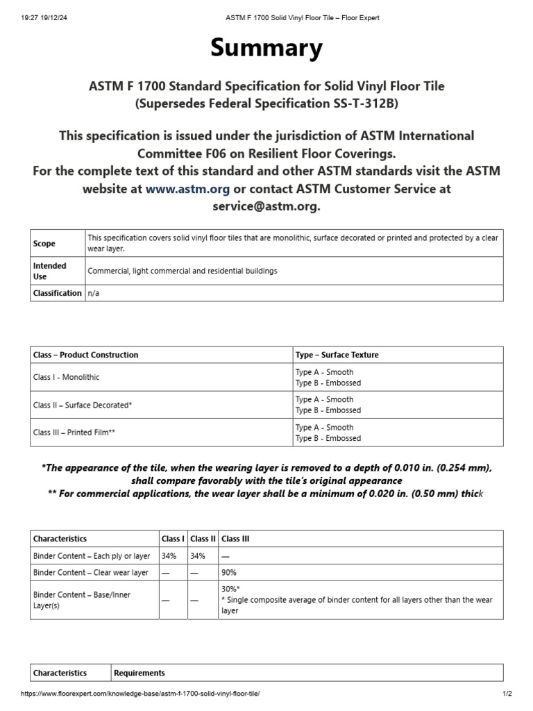 ASTM F 1700 Solid Vinyl Floor Tile - Floor Expert | PDF | Wear | Tile