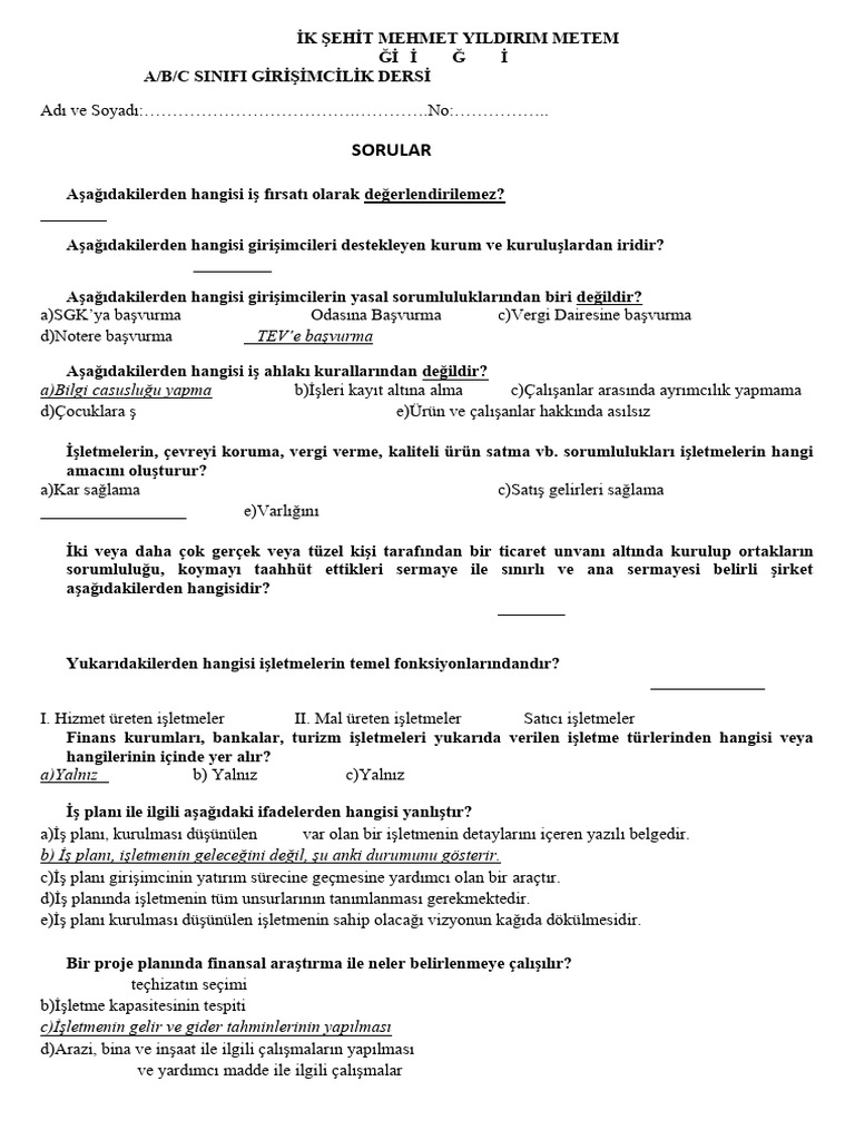 Girisimcilik 2 Donem 2 Sinav | PDF