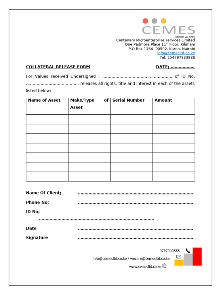 SME COLLATERAL RELEASE FORM (003) | PDF