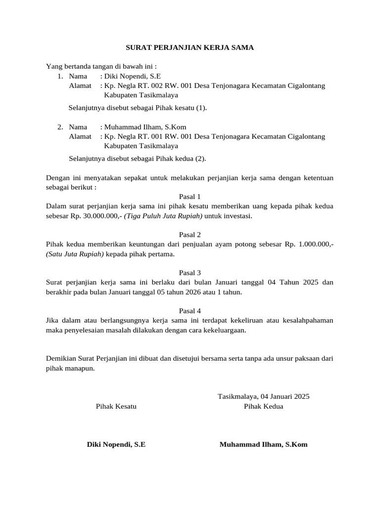 Perjanjian Kerja Sama Investasi | PDF