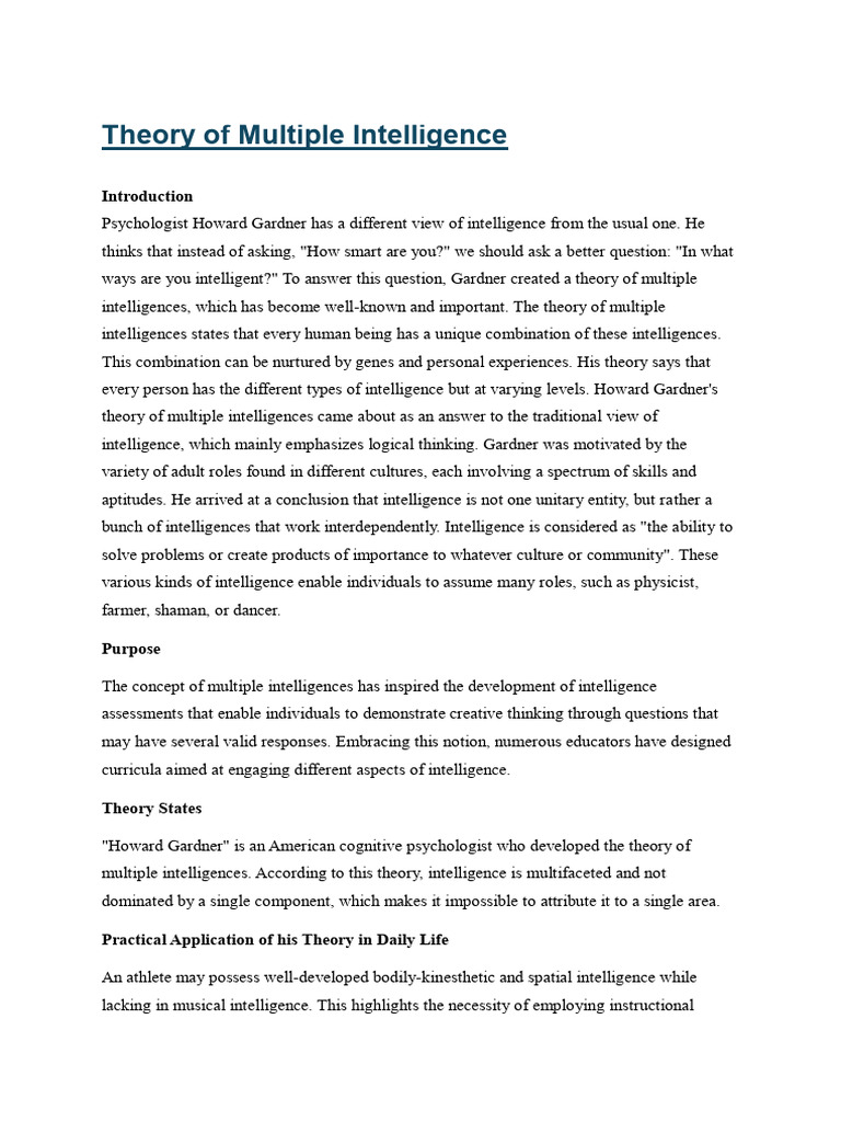 Gardner's Theory of Multiple Intelligences-Handout | PDF | Intelligence ...