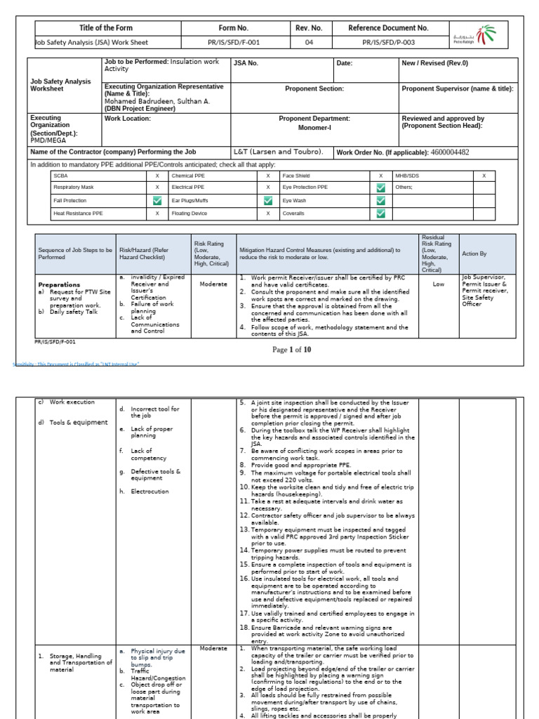 JSA For Insulation Activity | PDF | Personal Protective Equipment ...