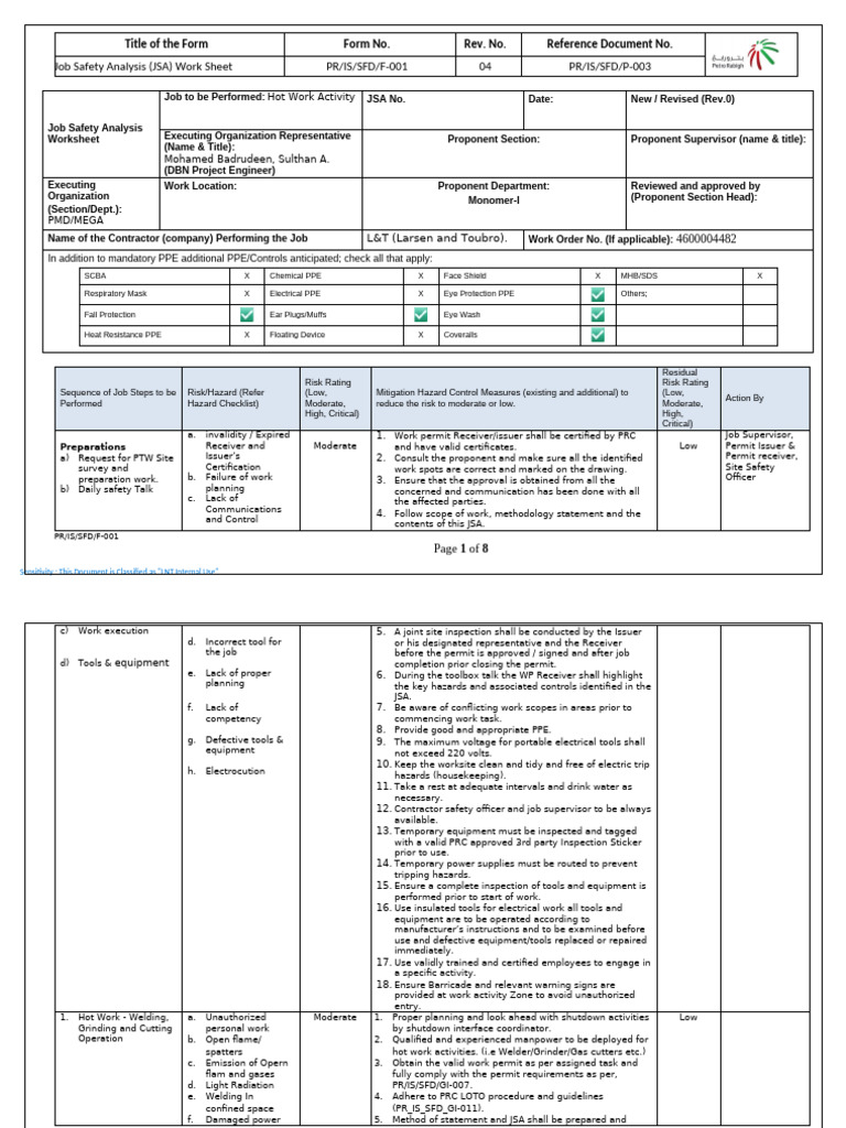 JSA for Hot Work Activity | PDF | Personal Protective Equipment | Welding