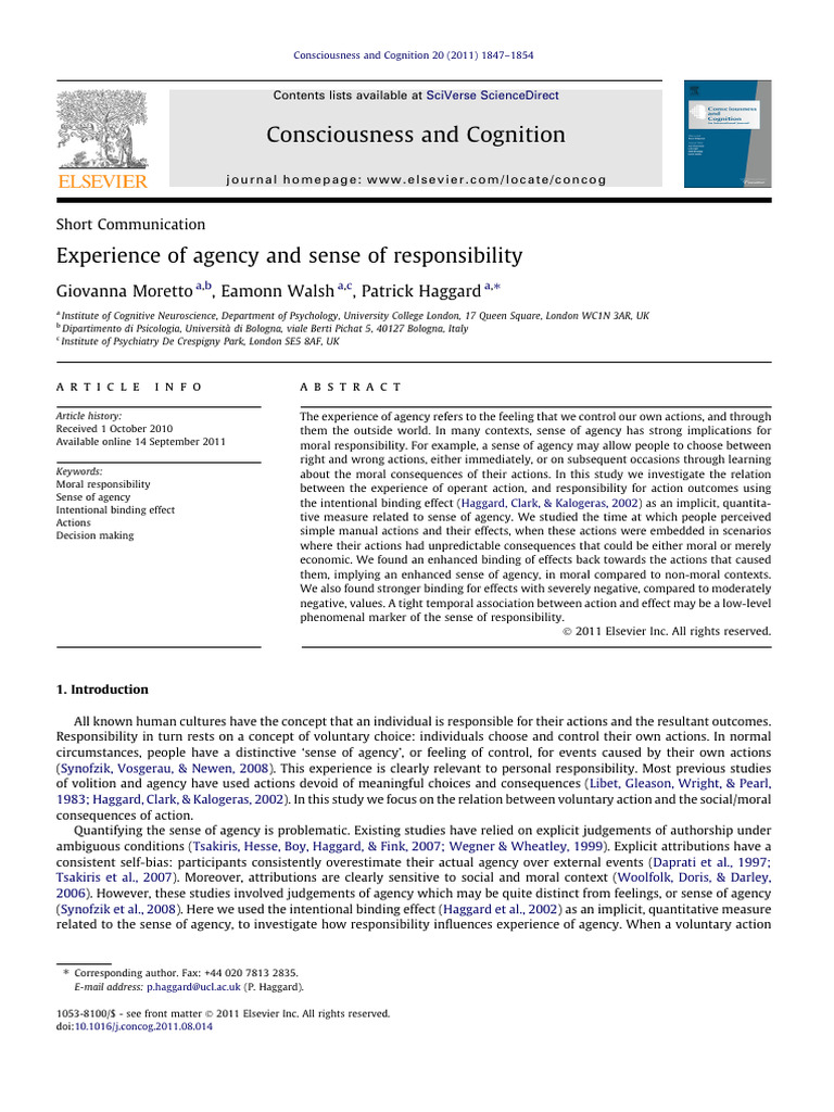 Experience of Agency and Sense of Responsibility | PDF | Experience ...