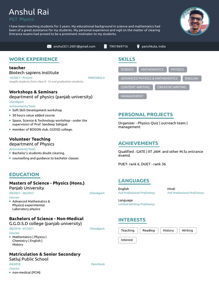 Anshul's Resume (1) | PDF | Physics