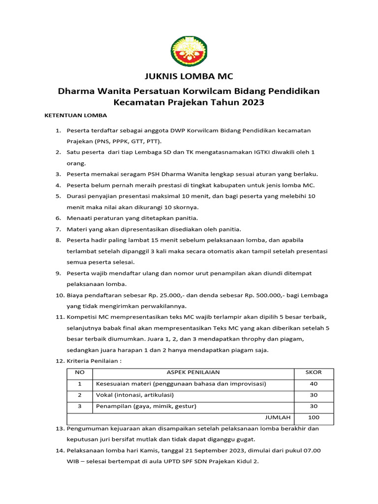 Juknis Lomba MC - DWP Korwilcam Bidang Pendidikan Kec Prajekan | PDF