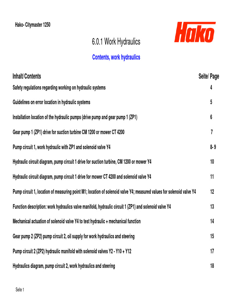Hako Citymaster 1250 Work Hydraulics Guide | PDF | Pump | Valve