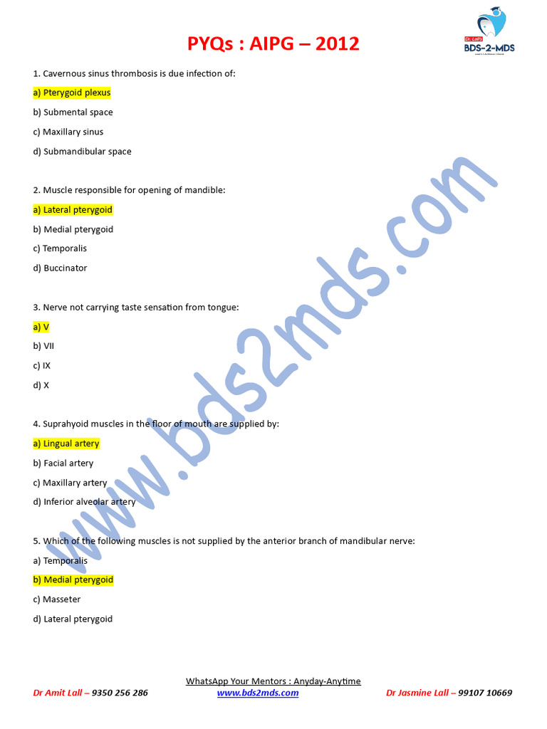 PYQ - AIPG - 2012 Answersrgege | PDF | Lung | Human Tooth