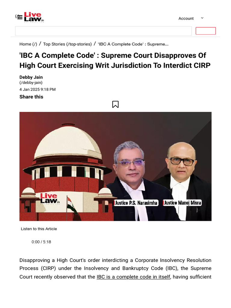 'IBC A Complete Code' _ Supreme Court Disapproves Of High Court ...