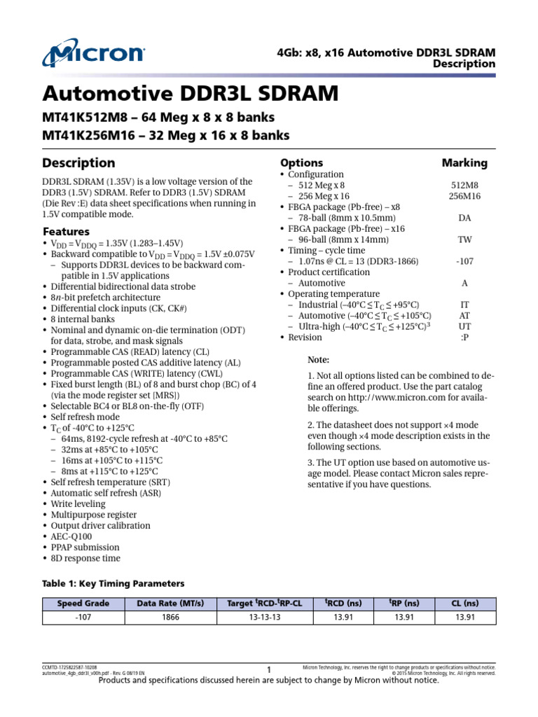 DDR MT41K256M16 Datasheet | PDF | Electrical Engineering | Computer Engineering