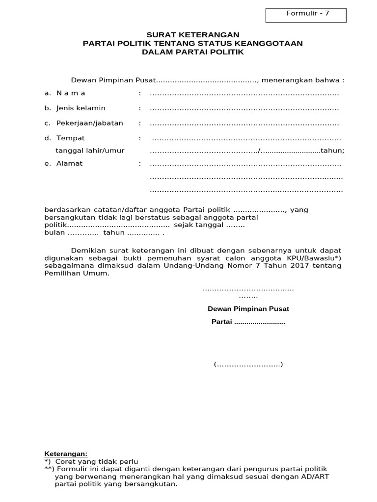Surat Keterangan Keanggotaan Partai | PDF