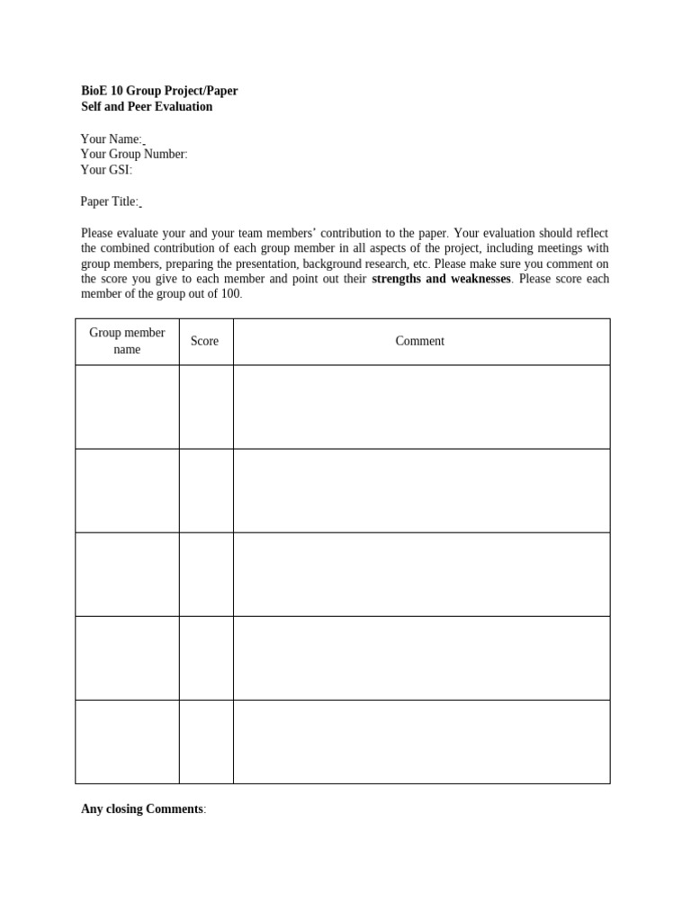 BioE 10 Peer Evaluation Form | PDF