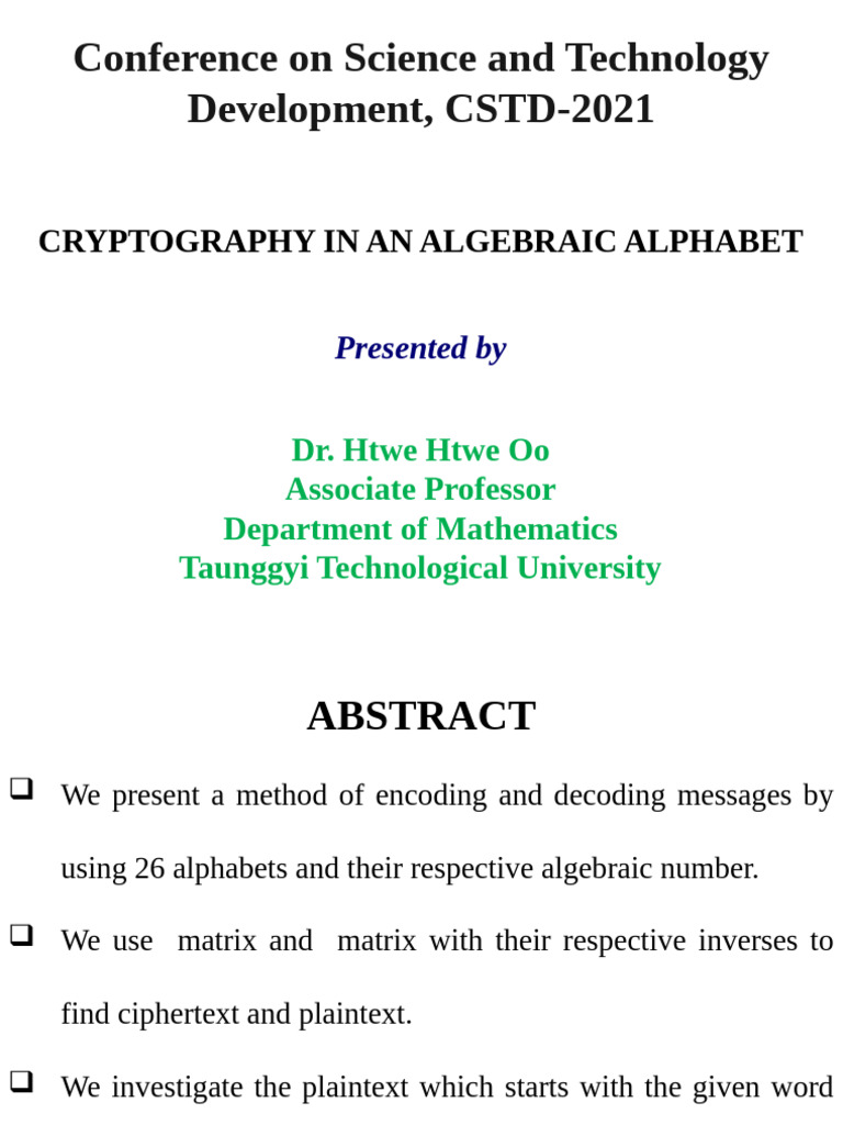 Cryptography in an Algebraic Alphabet | PDF | Code | Cipher