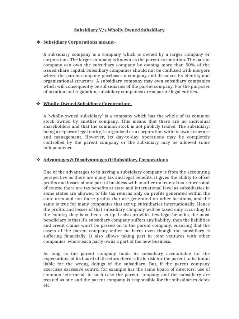 Subsidiary Vs Wholly Owned Subsidiary | PDF | Subsidiary | Corporations
