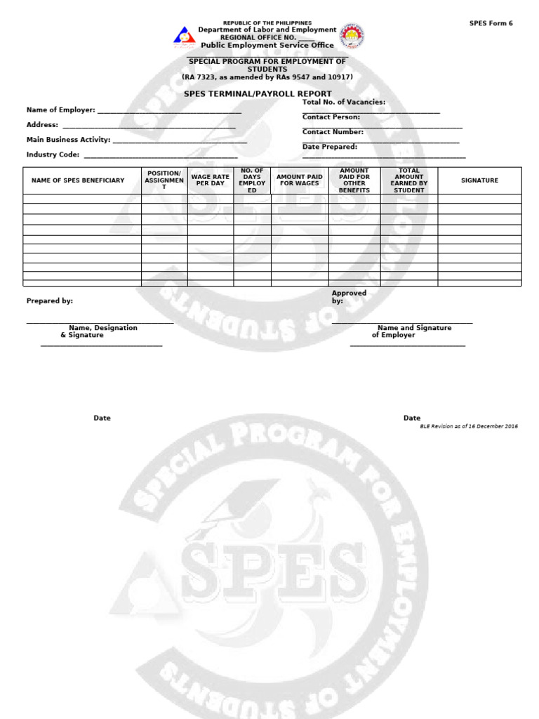 Spes Form 6 - Terminal - Payroll - Dec2016 | PDF | Employment | Labor