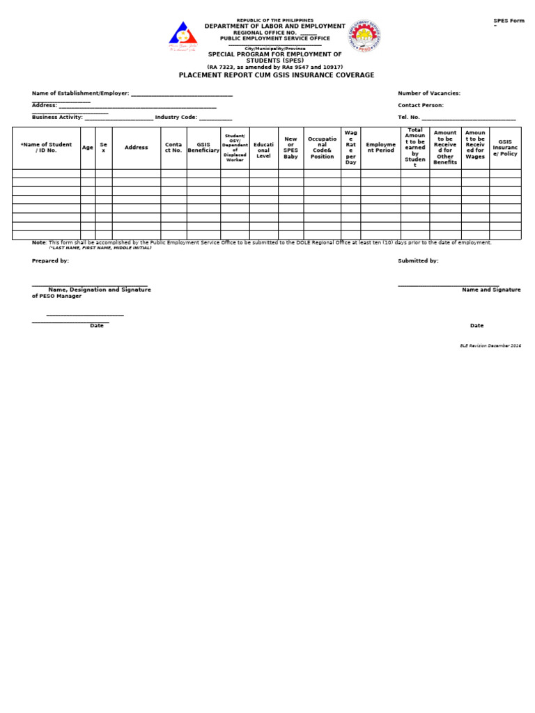 Spes Form 5 - Placement Report Cum Gsis_dec2016 | PDF | Employment ...