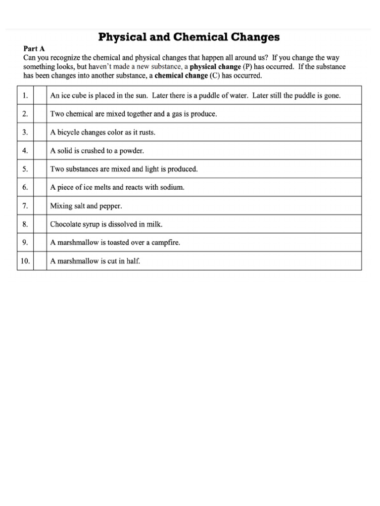 Chemical Physical Changes Worksheet | PDF