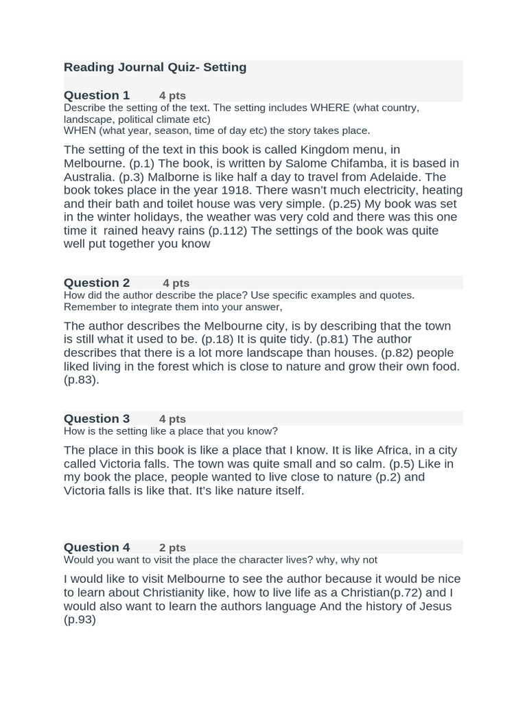 Reading Journal Quiz - S122345 | PDF