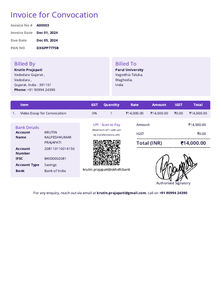 Invoice A00003 Krutin Prajapati Parul University | PDF