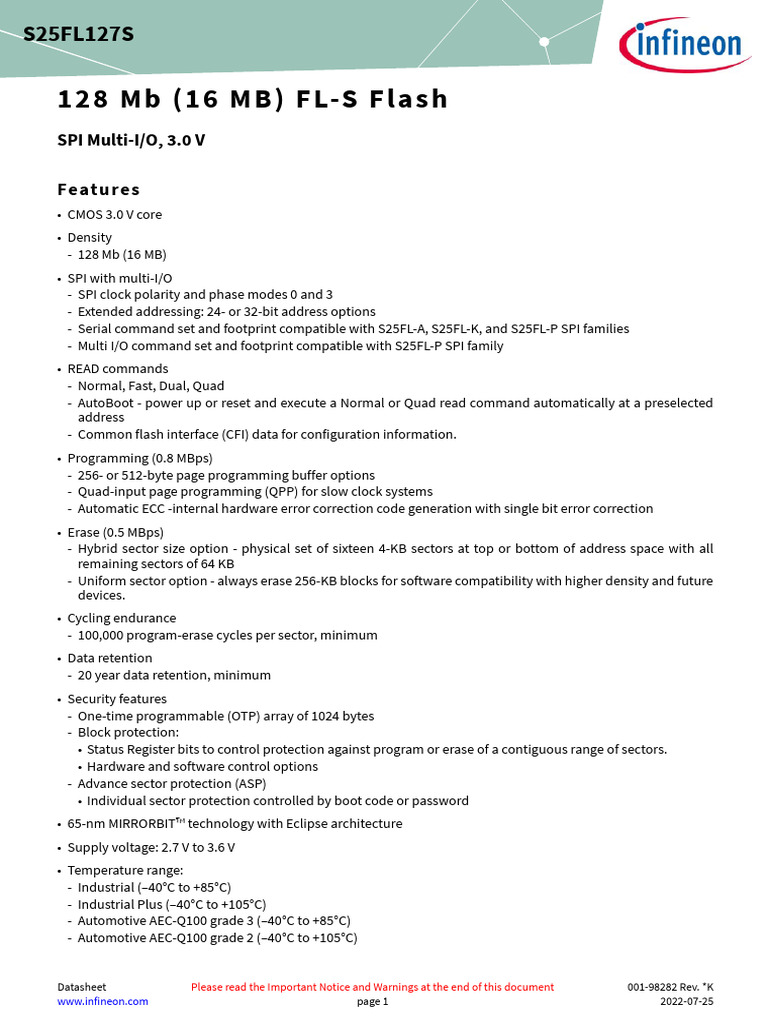 S25FL127S Datasheet | PDF | Flash Memory | Input/Output