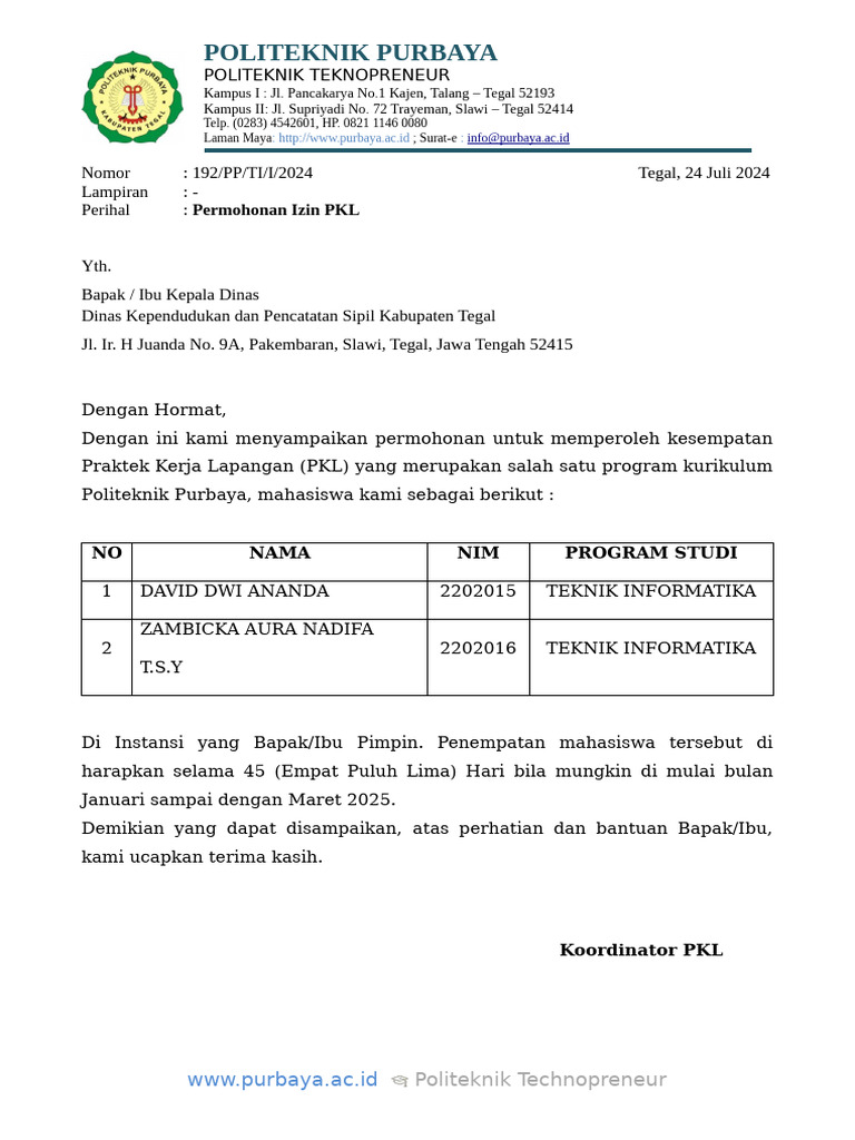 Surat Permohonan PKL | PDF