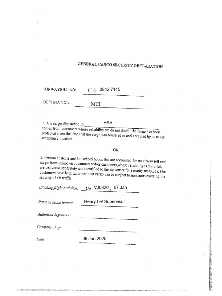 3a - General Cargo Security Declaration (For TSA Carrier) | PDF