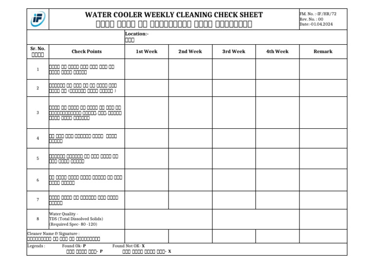 IF-HR-72 - WATER COOLER Weekly CLEANING CHECK SHEET | PDF