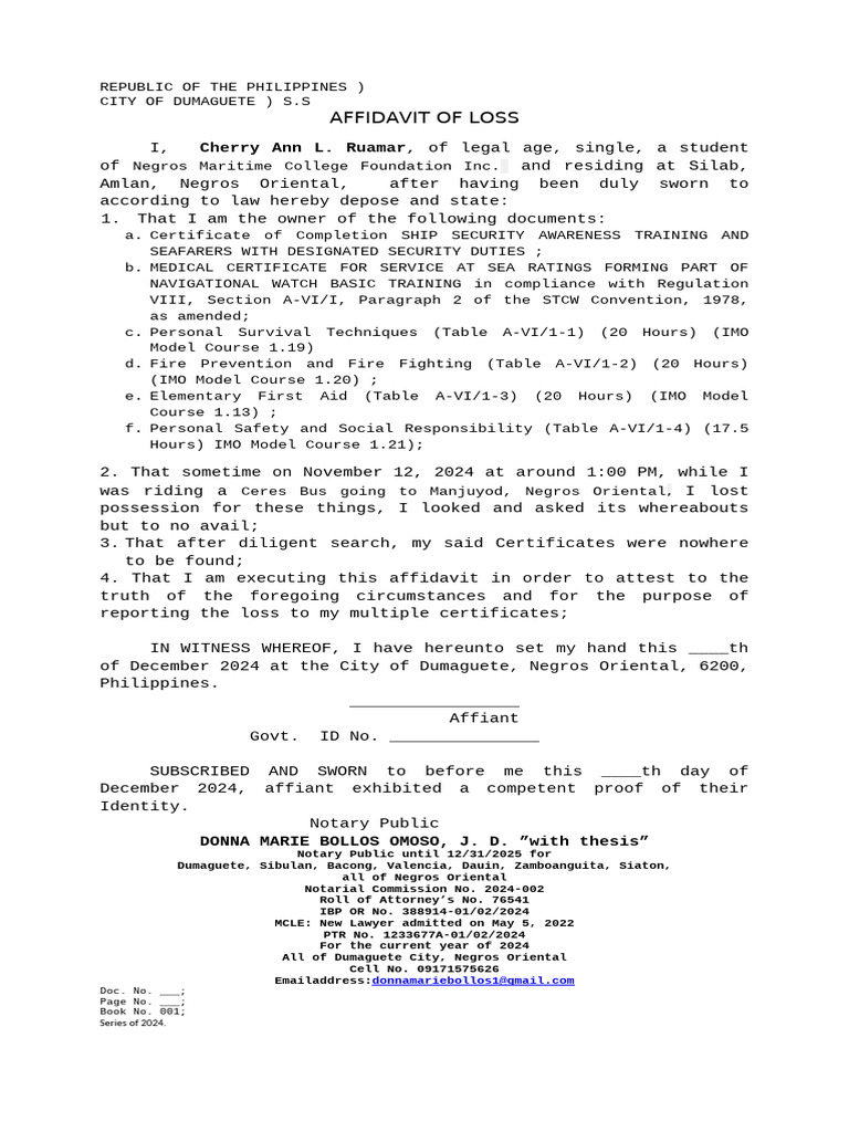 Affidavit of Loss RUAMAR CERTIFICATES | PDF | Affidavit | Notary Public