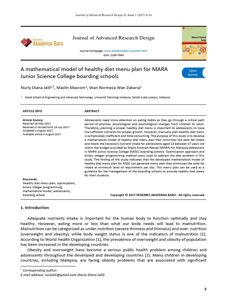 A Mathematical Model of Healthy Diet Menu Plan For Mara Junior Science ...