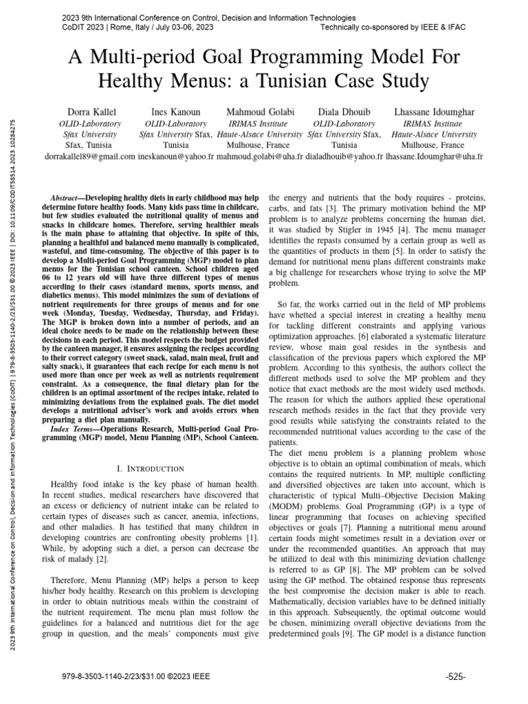 A Multi-Period Goal Programming Model For Healthy Menus A Tunisian Case ...