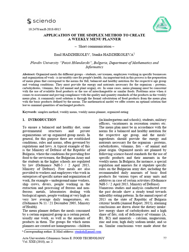 Application of The Simplex Method To Create A Weekly Menu Planner | PDF | Foods | Menu (Computing)