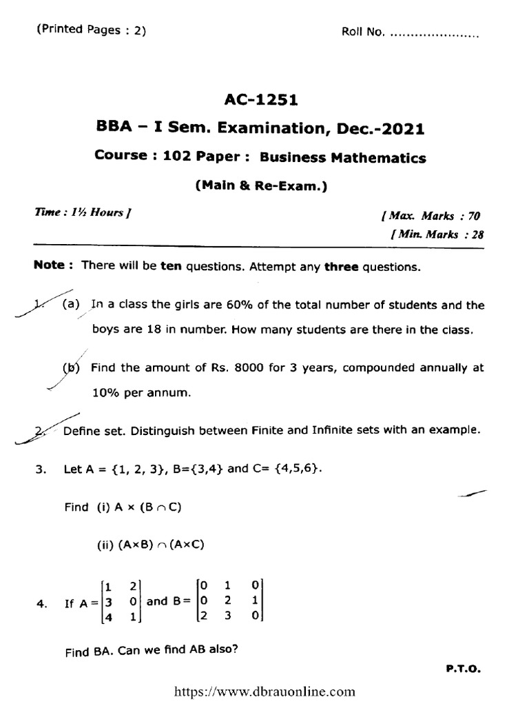 Bba 1 Sem Business Mathematics Ac 1251 Dec 2021 | PDF