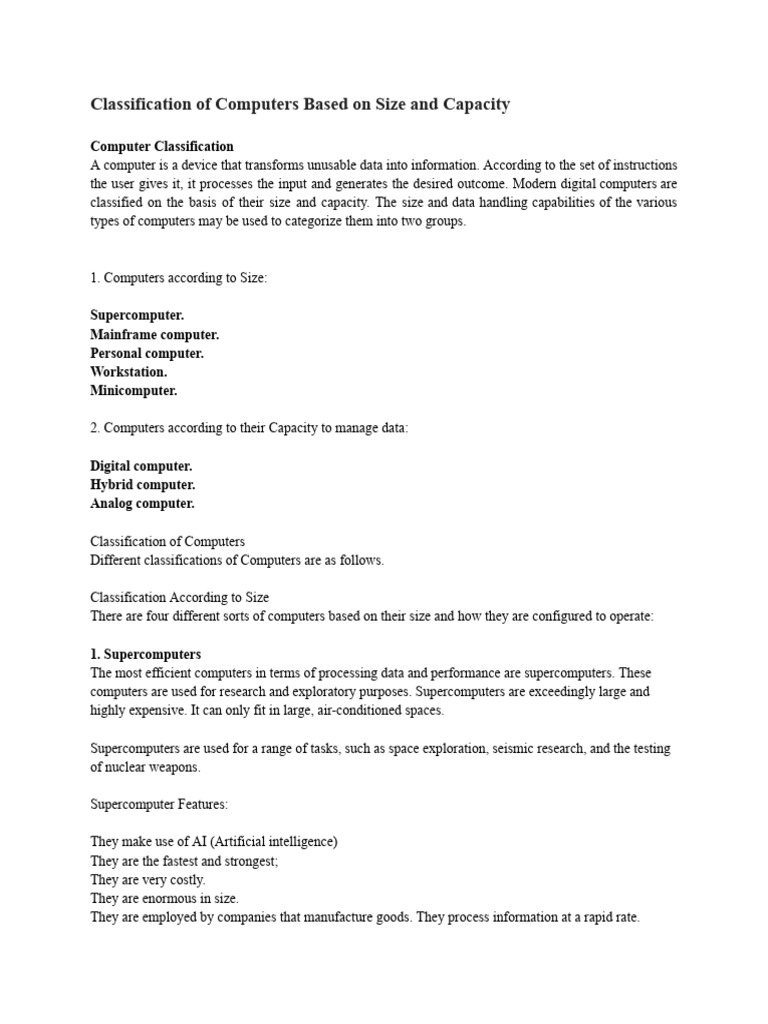 Computer Classification by Size and Capacity | PDF | Embedded System ...