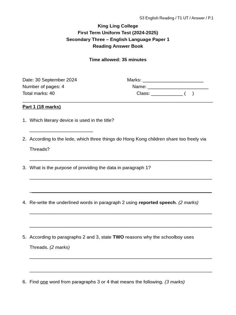 S3 English Reading Test Answers 2024 | PDF | Human Communication