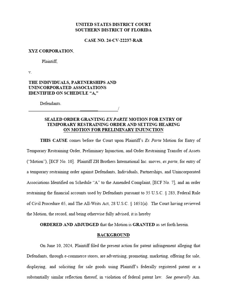 Sealed Order Granting TRO and Setting Preliminary Injunction Hearing | PDF | Injunction | Common Law