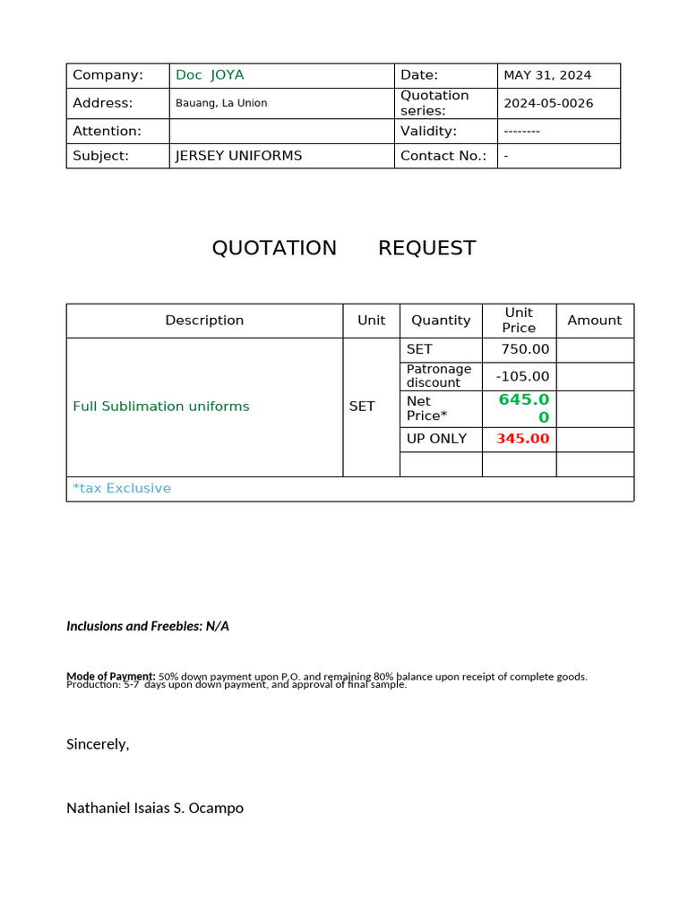 Quotation Request Doc Joya | PDF
