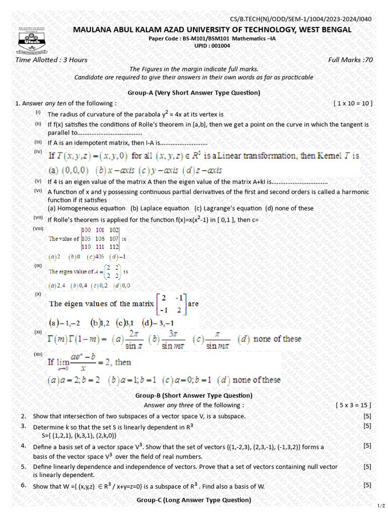 Math PYQ Paper 2019,22,23 | PDF | Matrix (Mathematics) | Basis (Linear ...