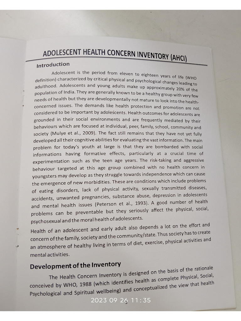 Adolescent Health Concern Inventory | PDF