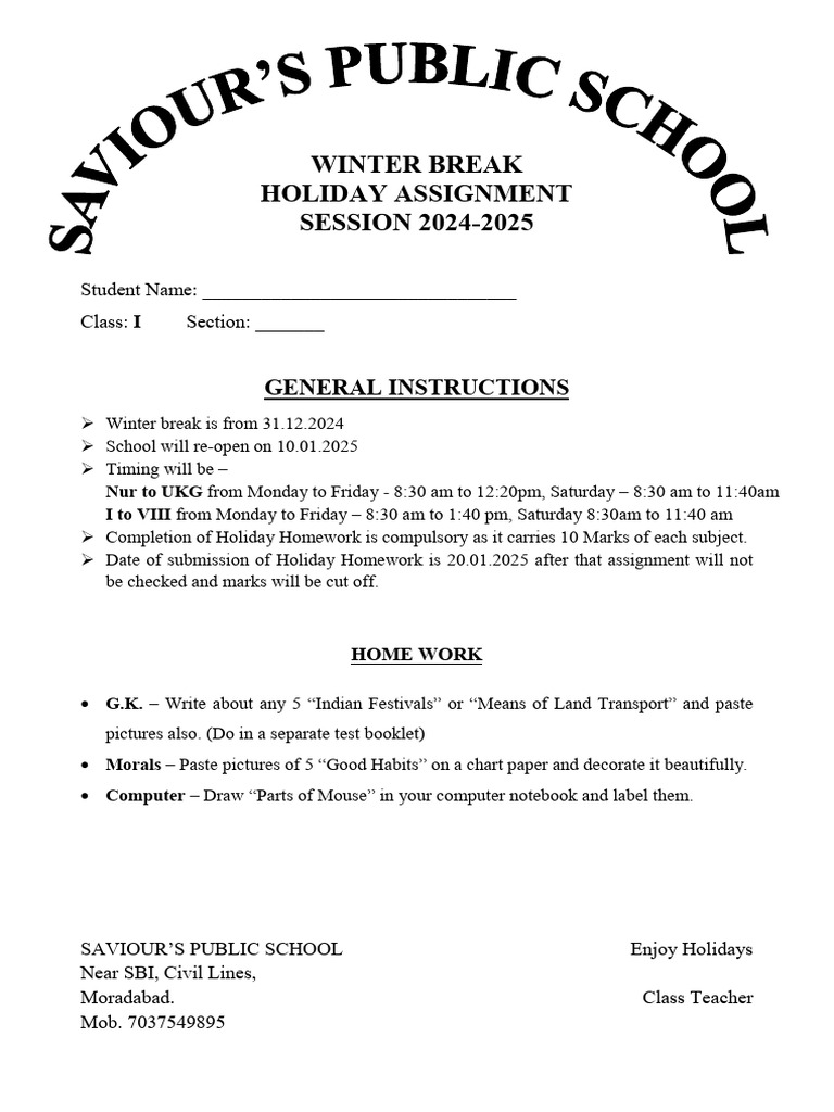 WINTER HOLIDAY HOMEWORK CLASS I | PDF