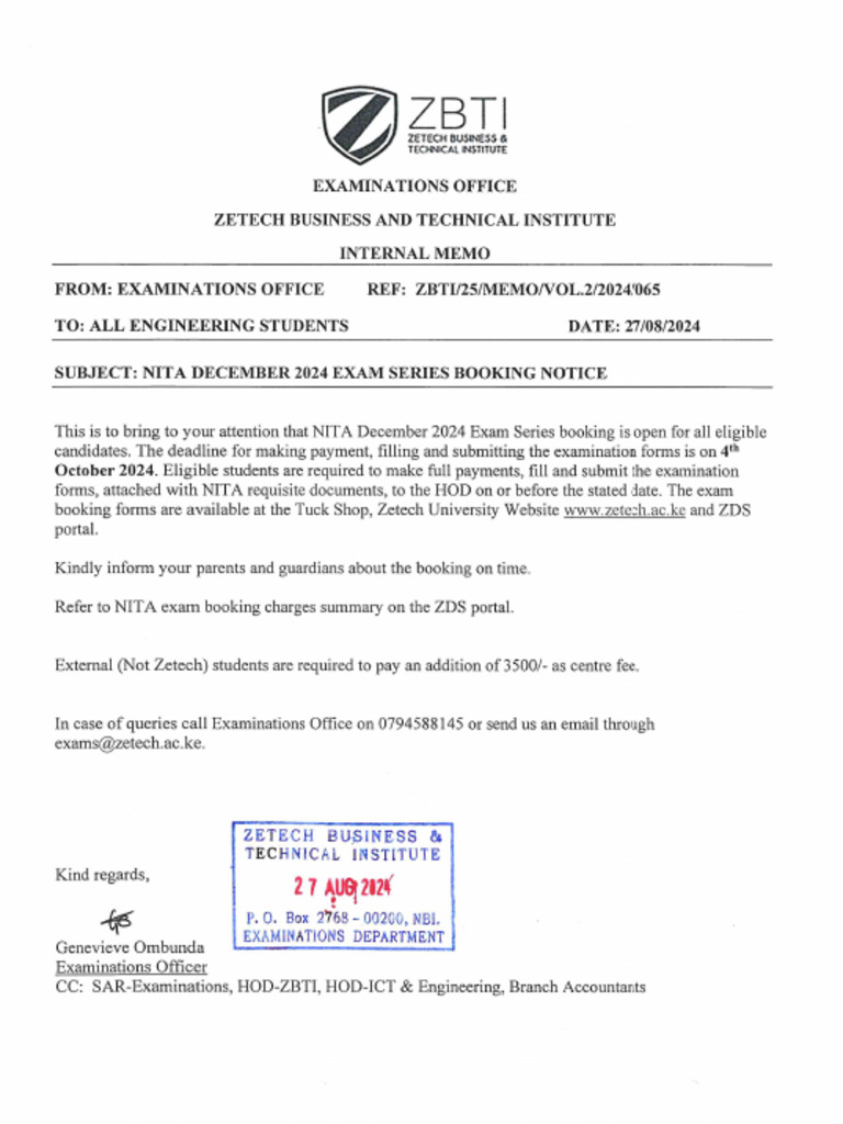 Nita Dec 2024 Exam Series Booking Notice | PDF